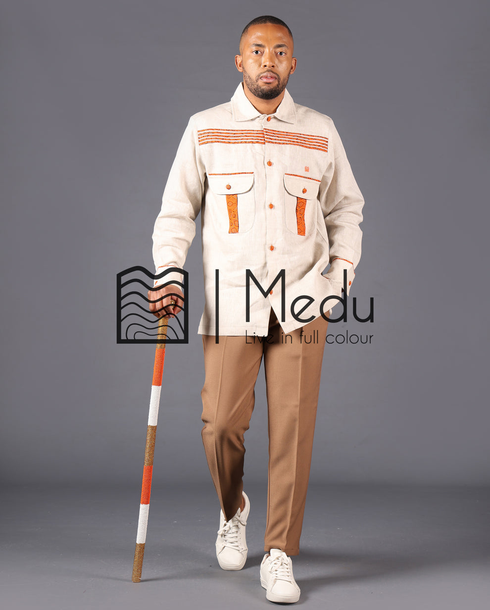 Kwena Bespoke Linen Safari Shirt in Beige and Orange – MEDU by Sepedi ...